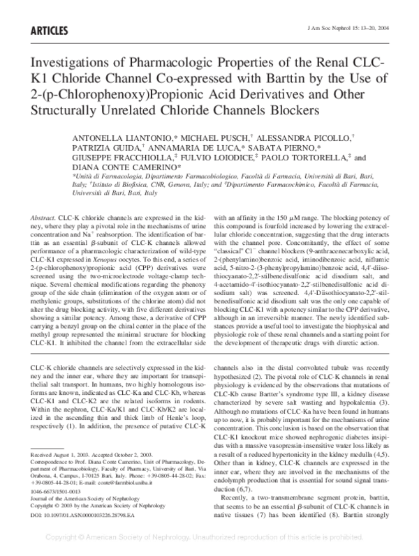 (PDF) Investigations of Pharmacologic Properties of the Renal CLC-K1 Chloride Channel Co ...