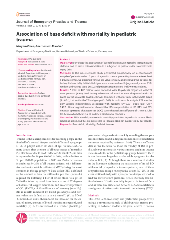(PDF) Association of base deficit with mortality in pediatric trauma