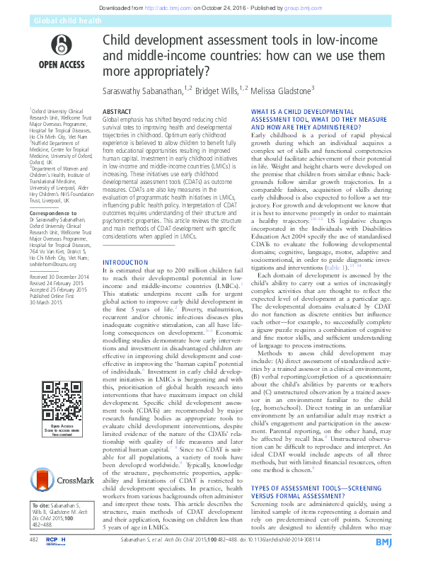 (PDF) Child development assessment tools in low-income and middle ...