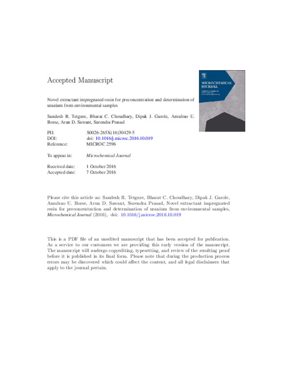 Pdf Novel Extractant Impregnated Resin For Preconcentration And Determination Of Uranium From