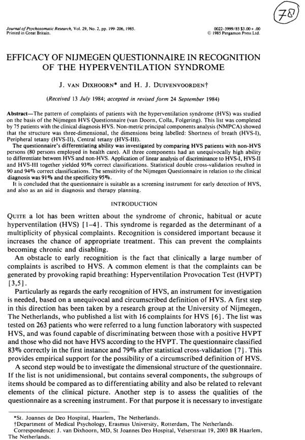 (PDF) Efficacy of Nijmegen questionnaire in recognition of the ...