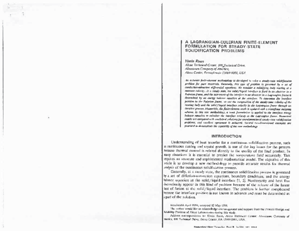 Pdf A Lagrangian Eulerian Finite Element Formulation For Steady State Solidification Problems