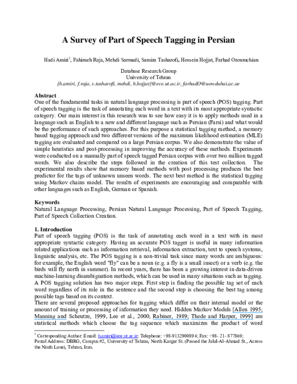 (PDF) A Survey of Part of Speech Tagging in Persian