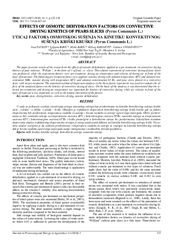 (PDF) Effects of osmotic dehydration factors on convective drying kinetics of pears slices ...