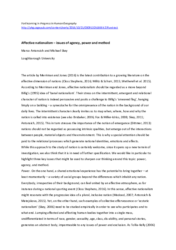 (PDF) Affective nationalism – issues of agency, power and method