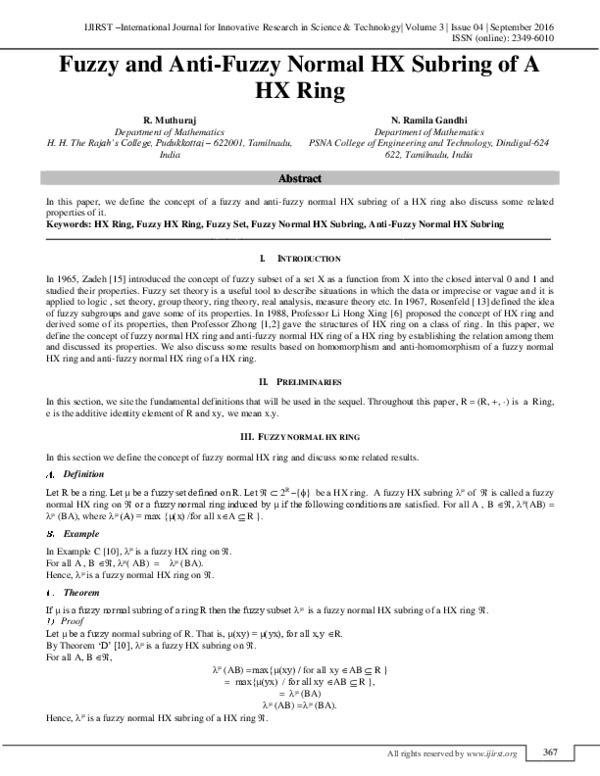 (PDF) Fuzzy and Anti-Fuzzy Normal HX Subring of A HX Ring