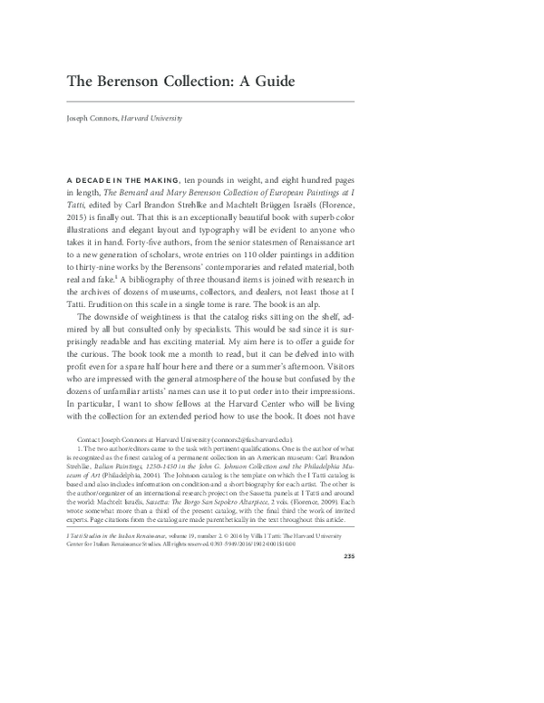 (PDF) “The Berenson Collection: A Guide,” in I Tatti Studies, 19.2 ...