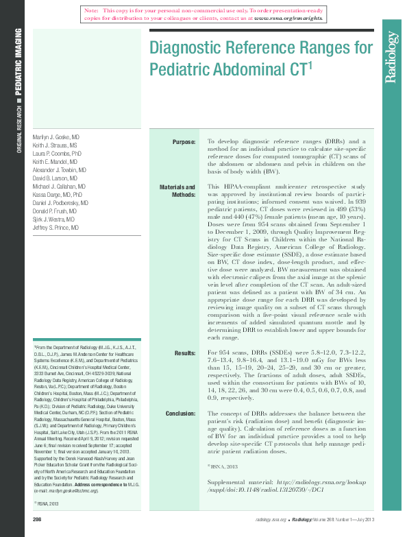 (PDF) Diagnostic reference ranges for Pediatric abdominal CT