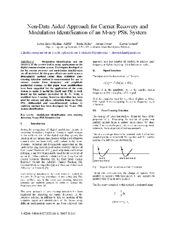 (PDF) Non-Data Aided Approach for Carrier Recovery and Modulation Identification of an Mary PSK ...