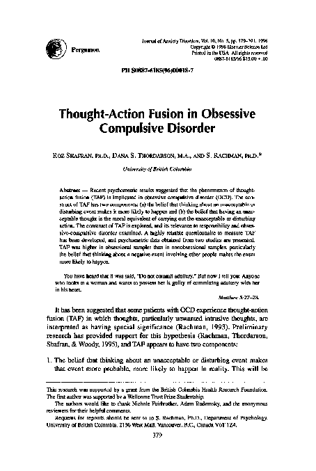 (PDF) Thought-action fusion in obsessive compulsive disorder