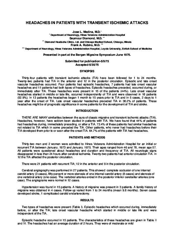 (PDF) Headaches in Patients with Transient Ischemic Attacks