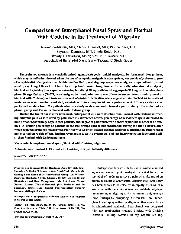 (PDF) Comparison of Butorphanol Nasal Spray and Fiorinal With Codeine ...