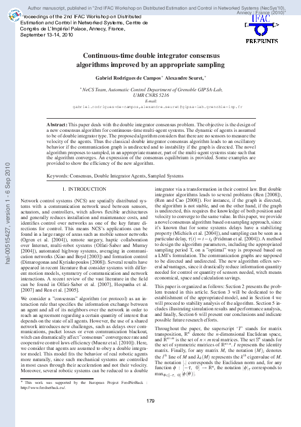 (PDF) Continuous-Time Double Integrator Consensus Algorithms Improved by an Appropriate Sampling