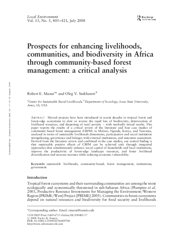 (PDF) Prospects for enhancing livelihoods, communities, and ...