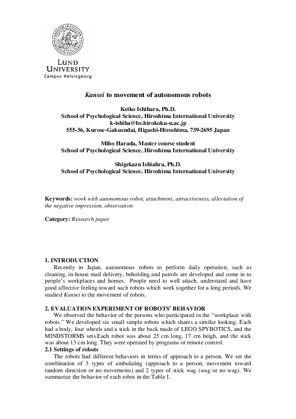 (PDF) Kansei to movement of autonomous robots
