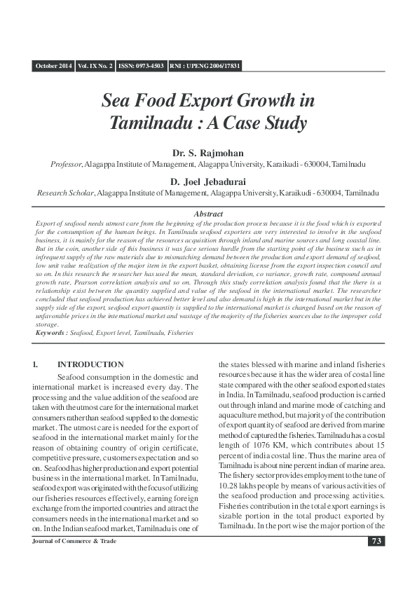 (PDF) Sea Food Export Growth in Tamilnadu : A Case Study