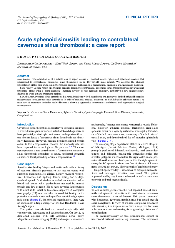 (PDF) Acute sphenoid sinusitis leading to contralateral cavernous sinus ...