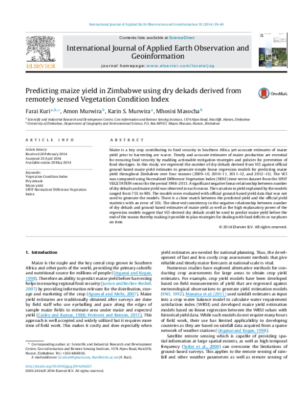Pdf Predicting Maize Yield In Zimbabwe Using Dry Dekads Derived From Remotely Sensed