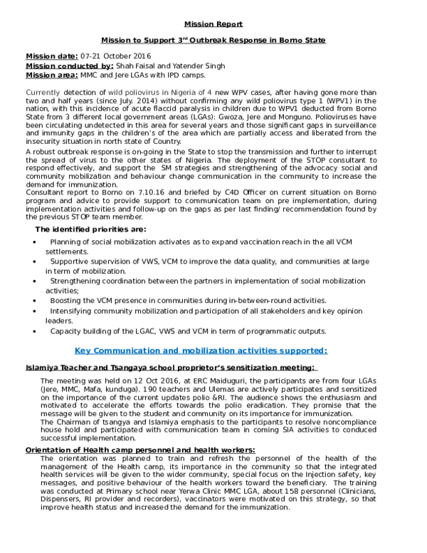 (DOC) Mission Report for 3rd OBR conducted in Borno.docx | Shah Faisal ...