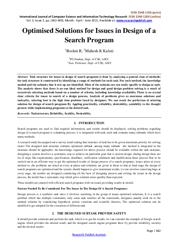 (PDF) Optimised Solutions for Issues in Design of a Search Program