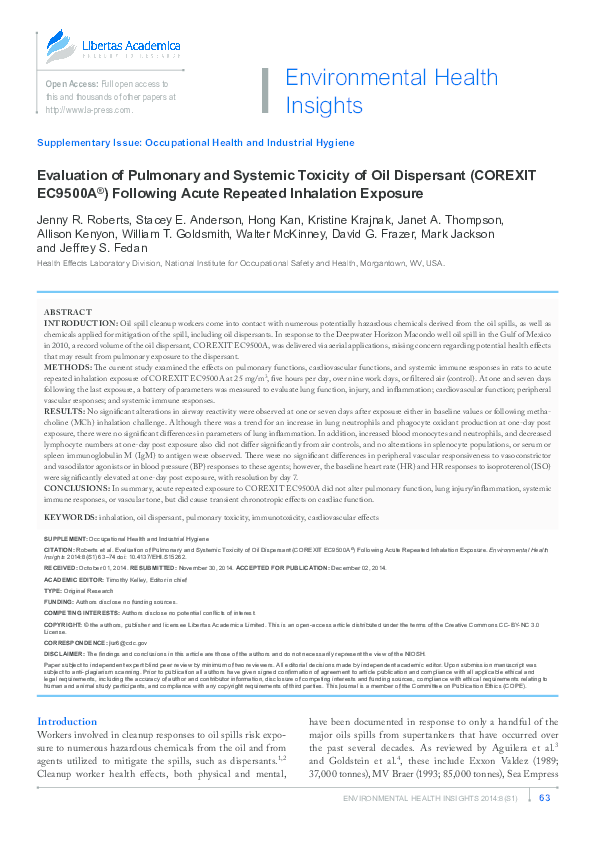 (PDF) Evaluation of Pulmonary and Systemic Toxicity of Oil Dispersant ...