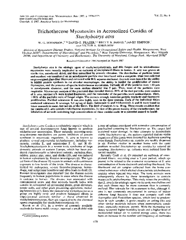 (PDF) Trichotheene Mycotoxins in Aerosolized Conidia of Stachybotrys Atra