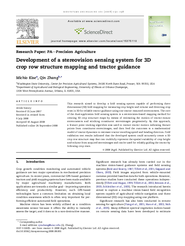 (PDF) Development of a stereovision sensing system for 3D crop row structure mapping and tractor ...