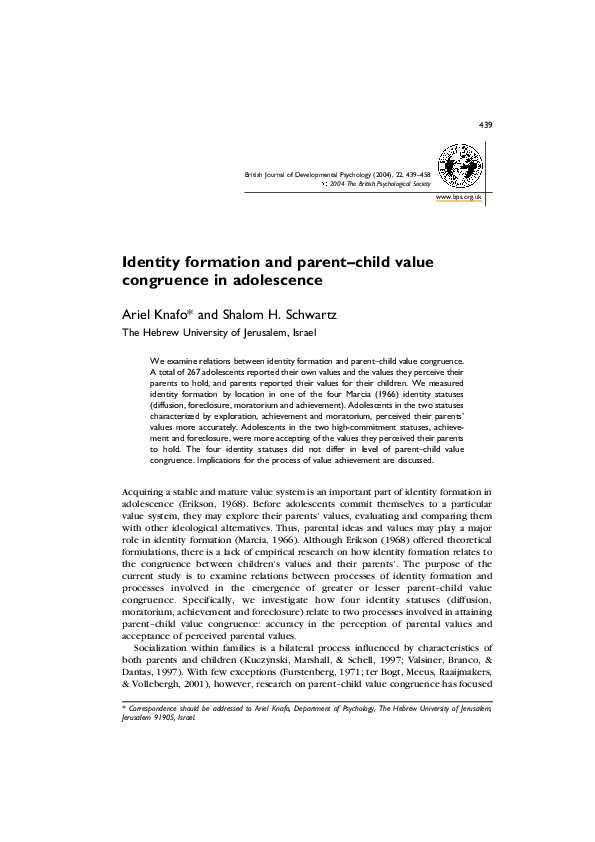 (PDF) Identity formation and parent-child value congruence in adolescence