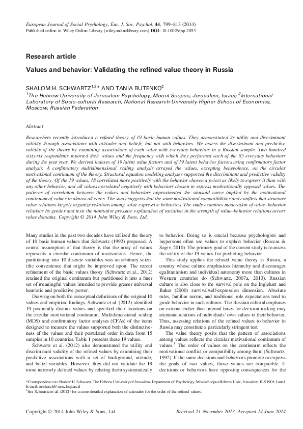 (PDF) Values and behavior: Validating the refined value theory in Russia