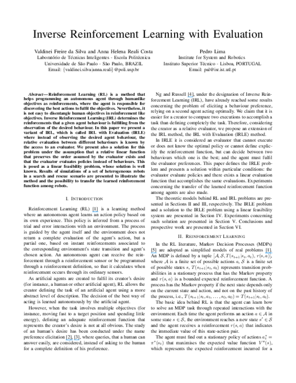 (PDF) Inverse reinforcement learning with evaluation