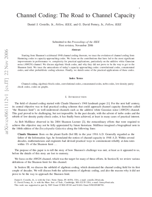 (PDF) Channel Coding: The Road to Channel Capacity