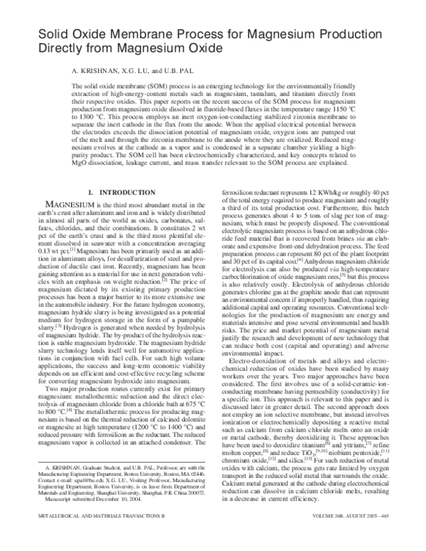 (PDF) Solid oxide membrane process for magnesium production directly ...