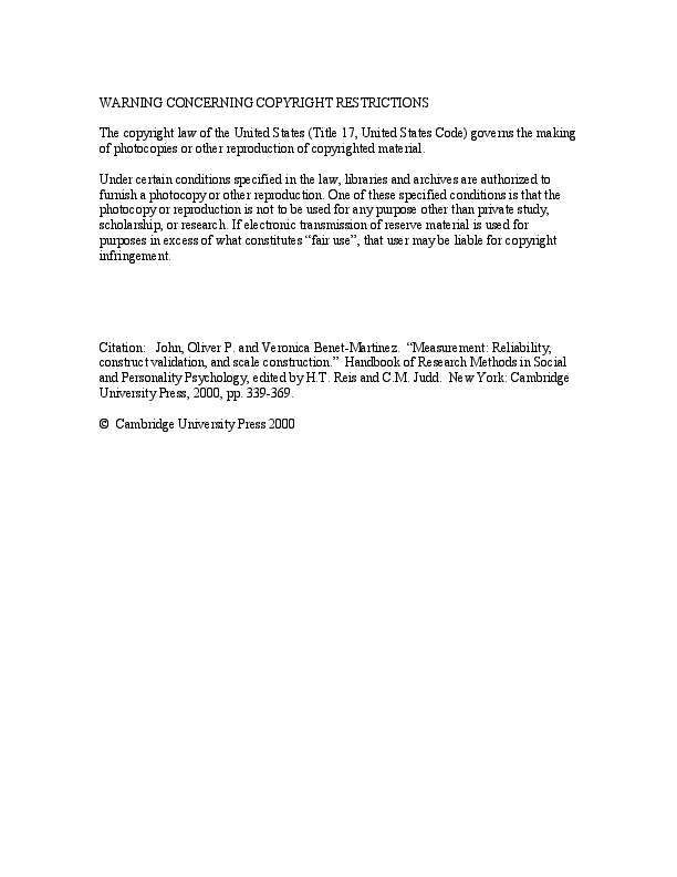 Pdf Measurement Reliability Construct Validation And Scale