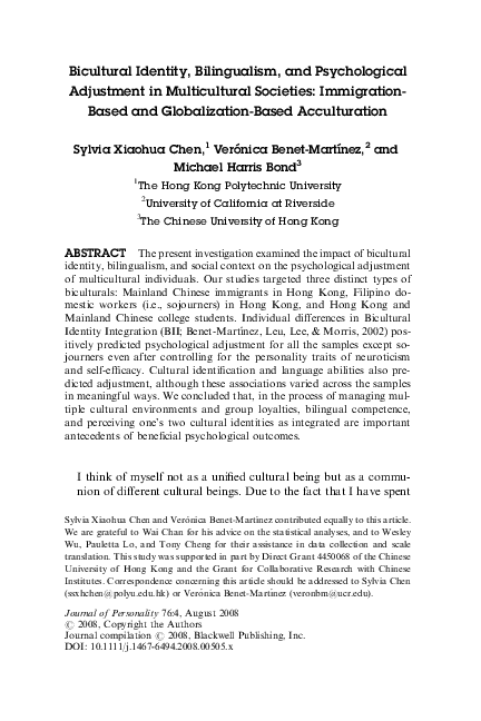 (PDF) Bicultural Identity, Bilingualism, and Psychological Adjustment ...