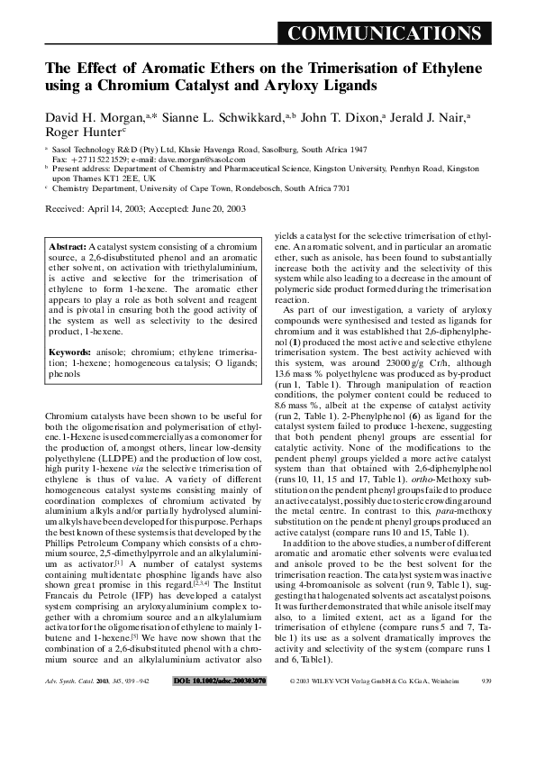 (PDF) The Effect of Aromatic Ethers on the Trimerisation of Ethylene ...