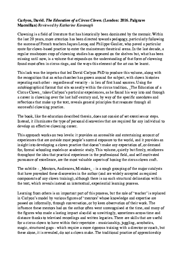 (PDF) 'The Education of a Circus Clown', by David Carlyon