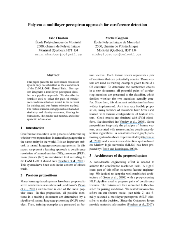 (PDF) Poly-co: a multilayer perceptron approach for coreference detection