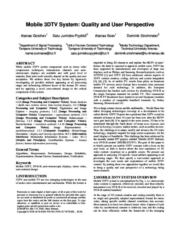 (PDF) Mobile 3DTV System: Quality and User Perspective | Atanas Gotchev ...