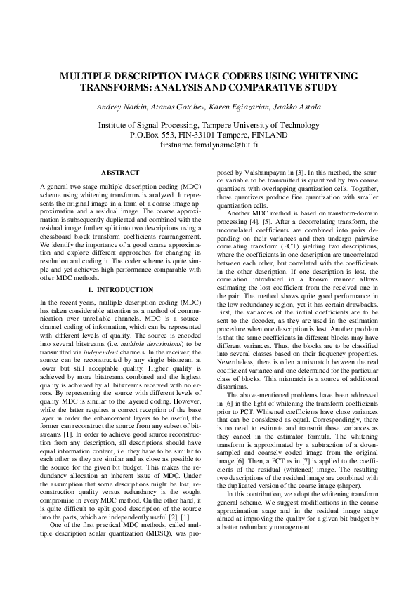 Pdf Multiple Description Image Coders Using Whitening Transforms Analysis And Comparative