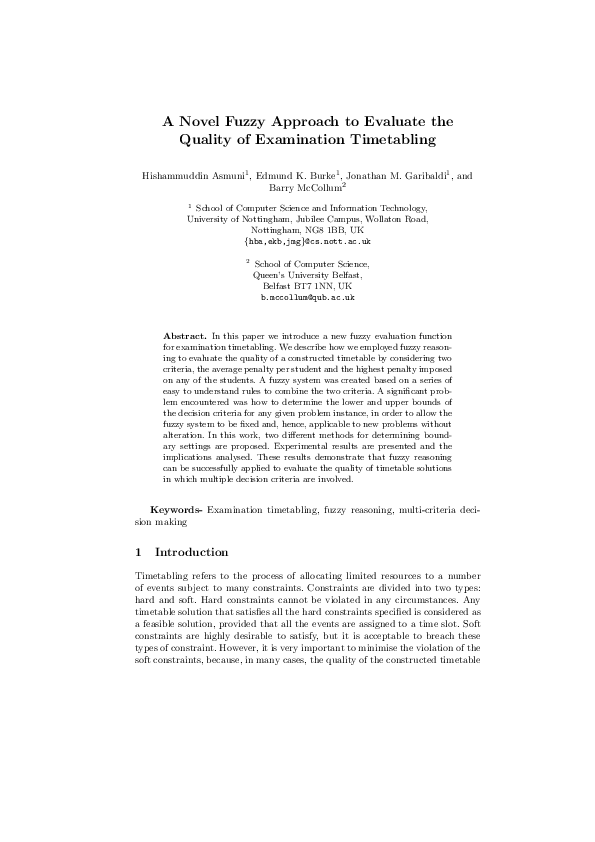 Pdf A Novel Fuzzy Approach To Evaluate The Quality Of Examination Timetabling