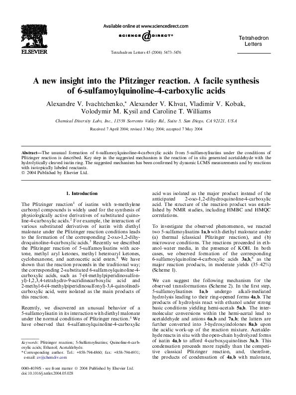 (PDF) A new insight into the Pfitzinger reaction. A facile synthesis of ...