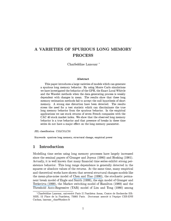 Pdf A Varieties Of Spurious Long Memory Process Lanouar Charfeddine
