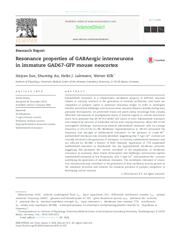 (PDF) Resonance properties of GABAergic interneurons in immature GAD67 ...
