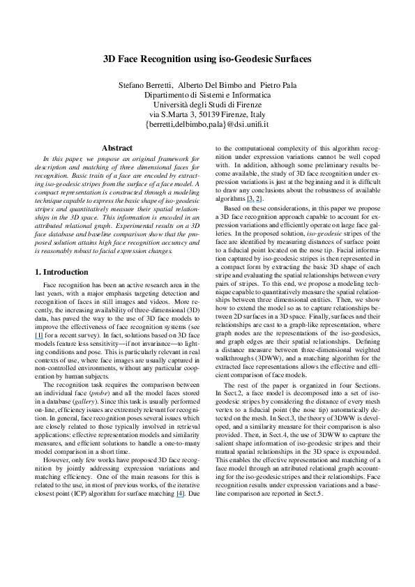 (PDF) 3D Face Recognition using iso-Geodesic Surfaces