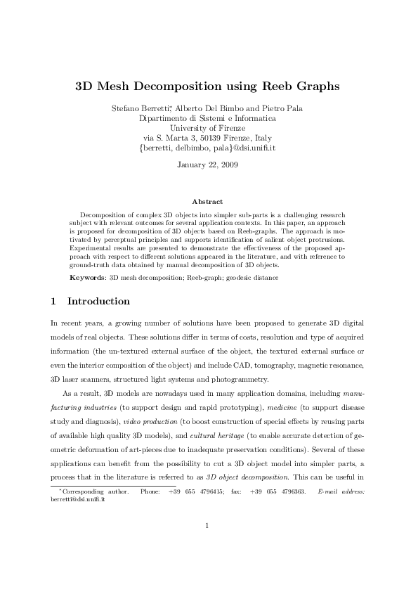 (PDF) 3D Mesh decomposition using Reeb graphs