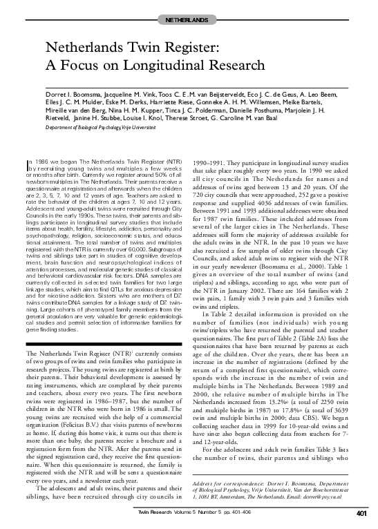 (PDF) Netherlands Twin Register: A Focus on Longitudinal Research