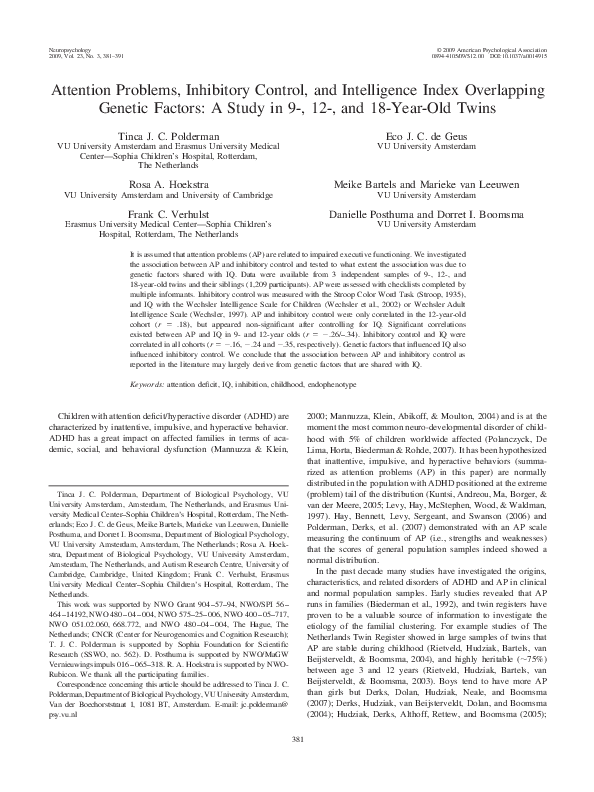 (PDF) Attention Problems, Inhibitory Control, and Intelligence Index ...