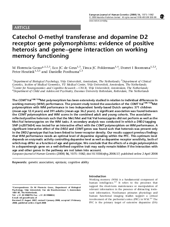 (PDF) Catechol O-methyl transferase and dopamine D2 receptor gene ...