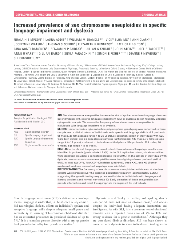 (PDF) Increased prevalence of sex chromosome aneuploidies in specific language impairment and ...