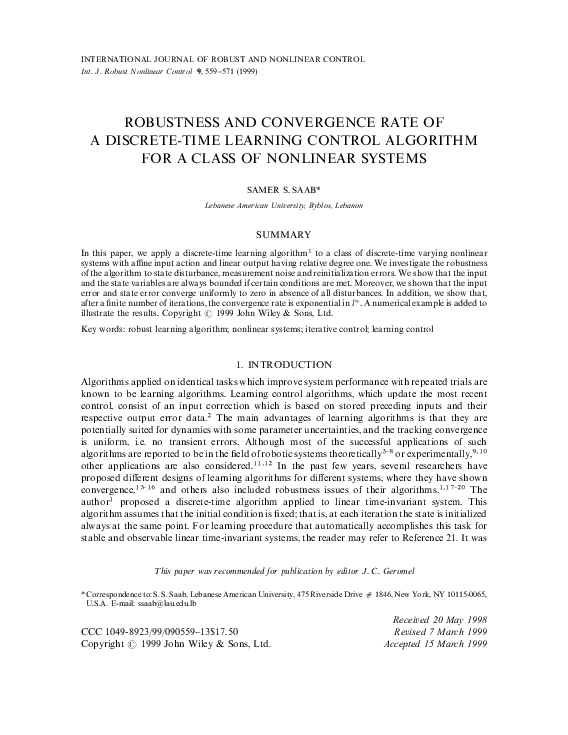 Pdf Robustness And Convergence Rate Of A Discrete Time Learning Control Algorithm For A Class